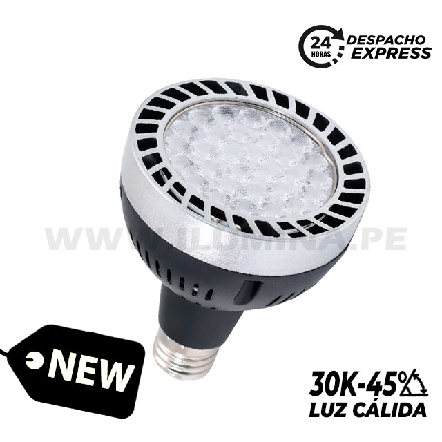 FOCO LED PAR30 45W 45° 3000K LUZ CÁLIDA E27 BASE COLOR NEGRO + PLATEAD ...